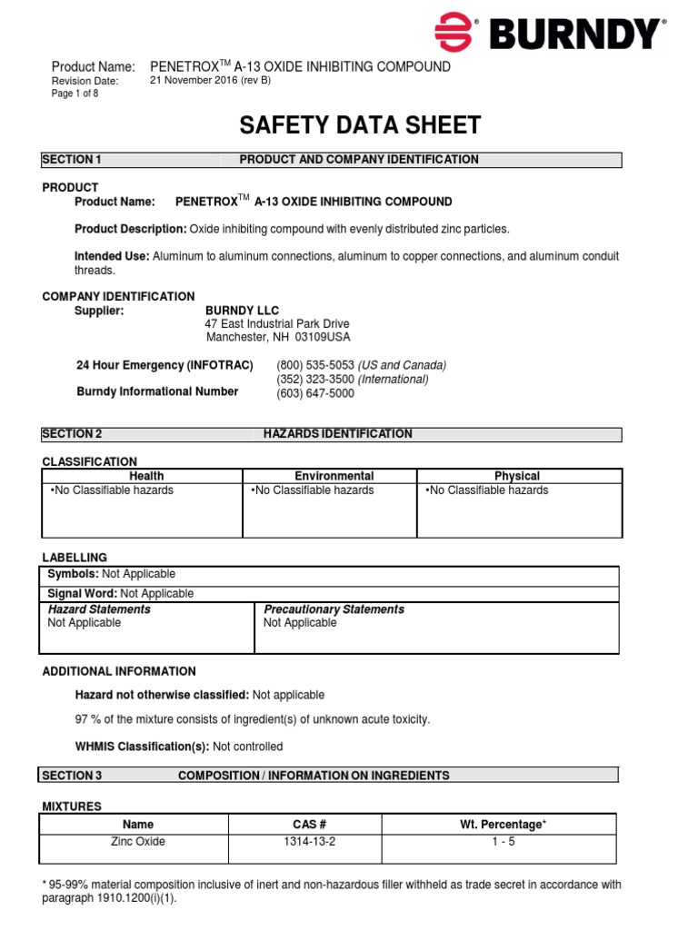 Safety Data Sheet: Penetrox A-13 Oxide Inhibiting Compound Product Name ...