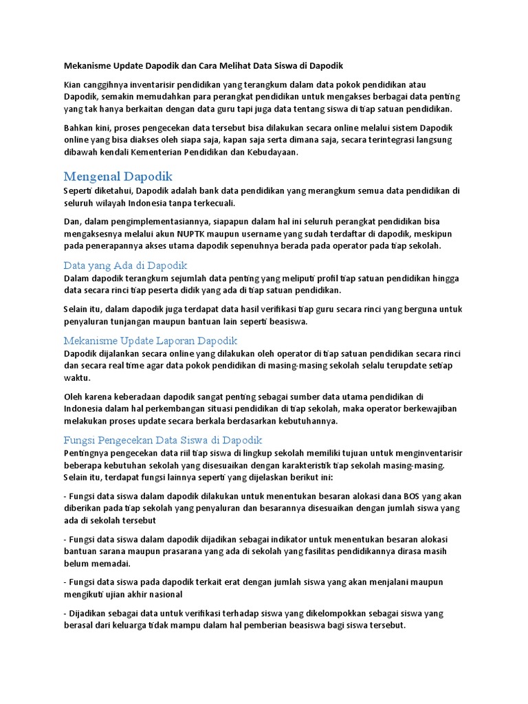 Mekanisme Update Dapodik Dan Cara Melihat Data Siswa Di Dapodik | PDF