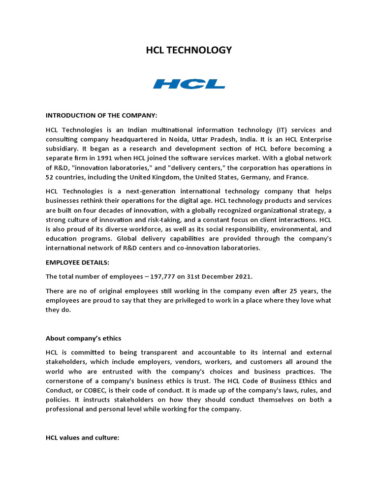 HCL Technology: Introduction of The Company | PDF | Employment | Business