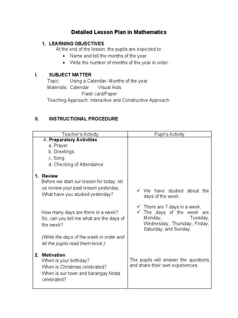 Detailed Lesson Plan in Mathematics: 1. Learning Objectives | PDF ...