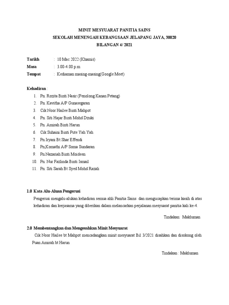 Minit Mesyuarat Sains 4 2021 | PDF