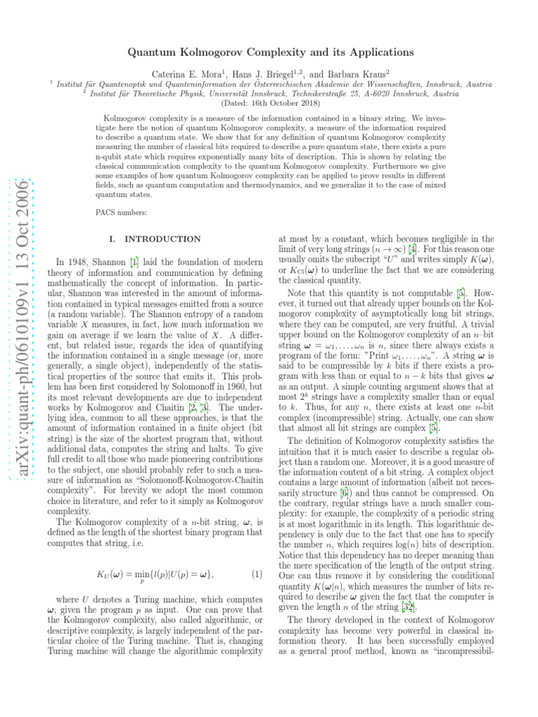 Quantum Kolmogorov Complexity And Its Applications In Physics Pdf Complexity Computing