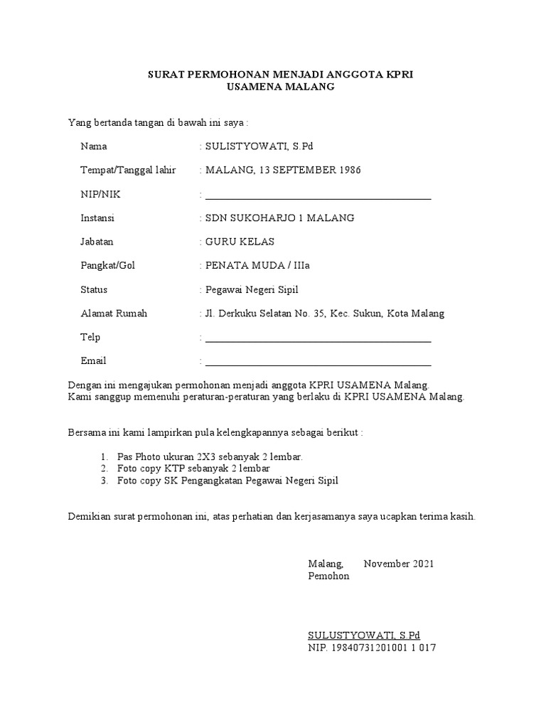 Dokumen - Tips - Surat Permohonan Menjadi Anggota Kpri | PDF