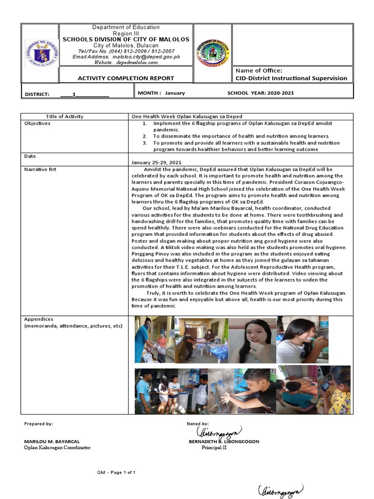 Activity Completion Report On One Health Week OksaDeped 2020 2021 | PDF ...