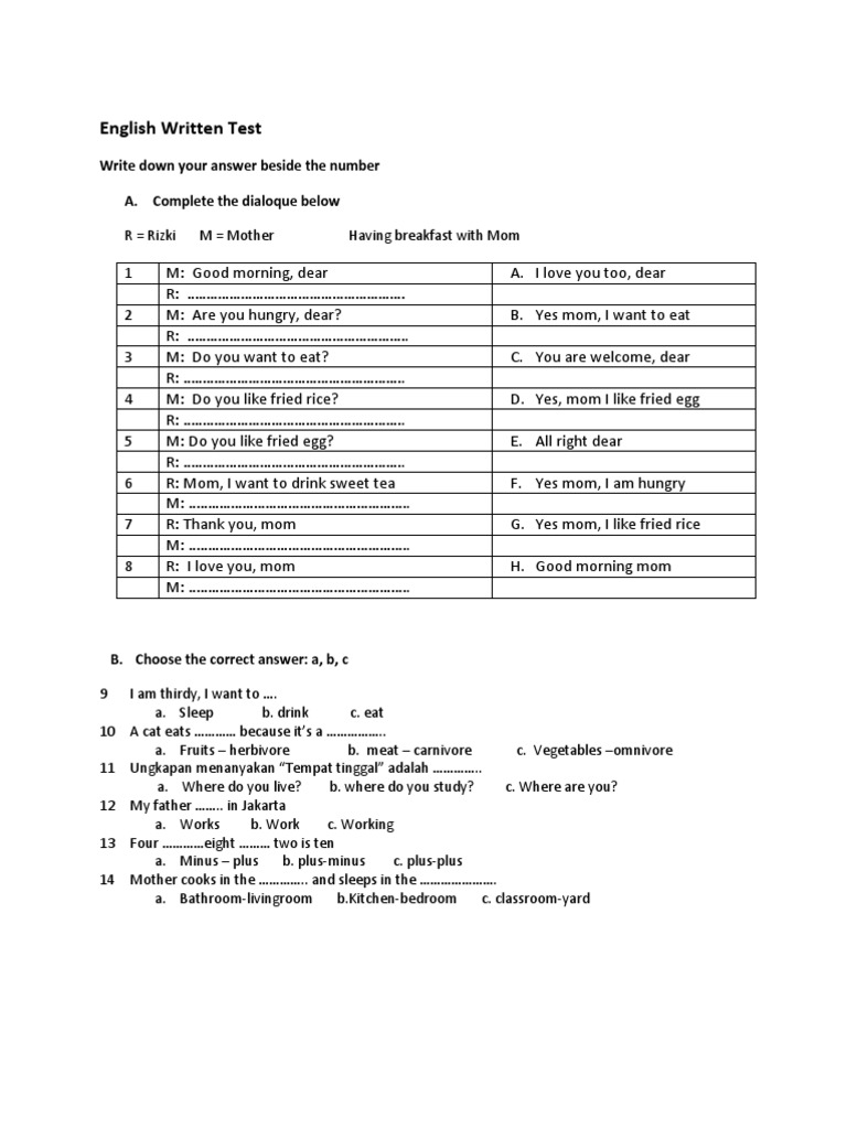 English Written Test: Dialogue & Questions | PDF
