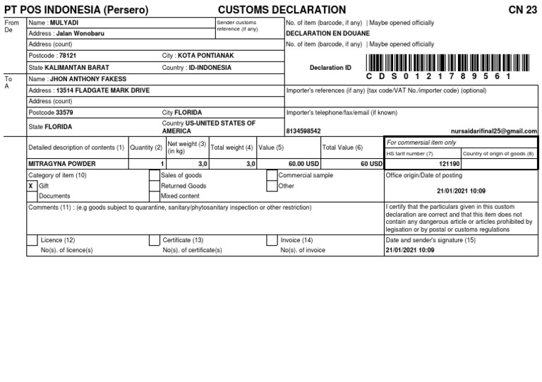 Declaration en Douane: Sender Customs Reference (If Any) | Download ...
