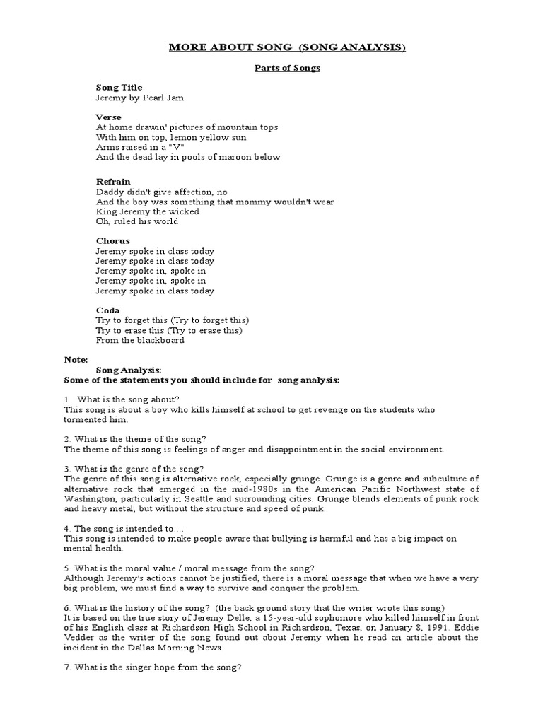 More About Song (Song Analysis) : Parts of Songs Song Title Verse | PDF ...