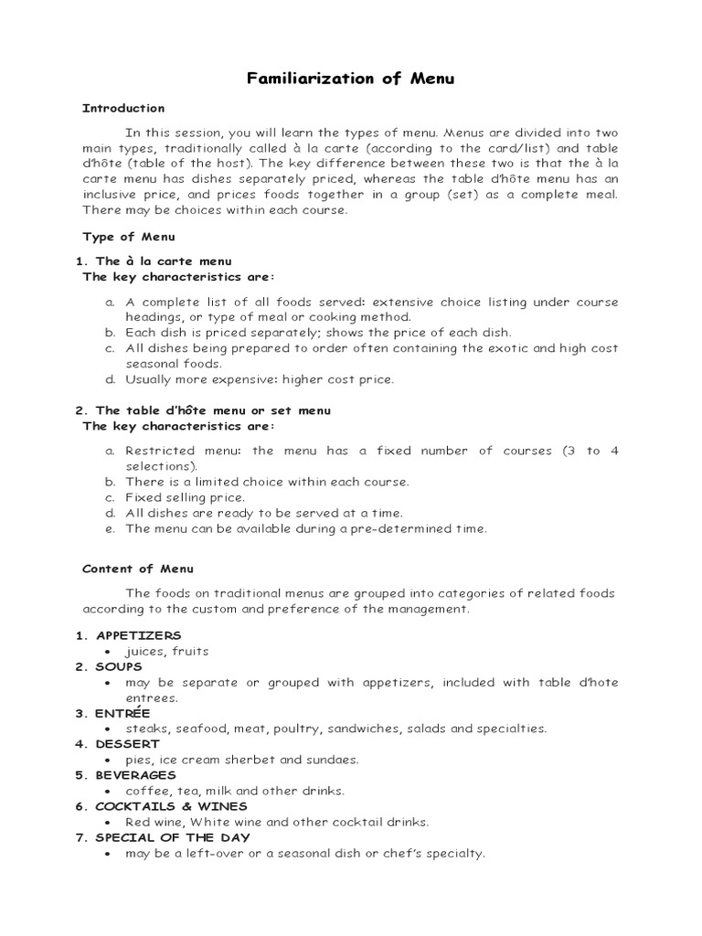 Familiarization of Menu Types | PDF | Menu | Food Industry