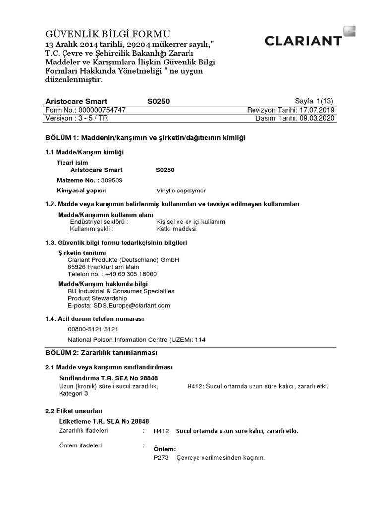 Clariant SDS Aristocare Smart S0250 Turkey Turkish | PDF