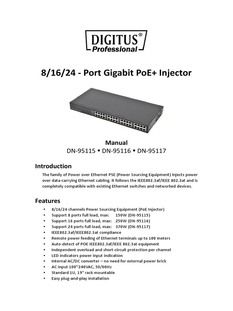 8/16/24 - Port Gigabit Poe+ Injector: Manual | PDF | Physical Layer ...
