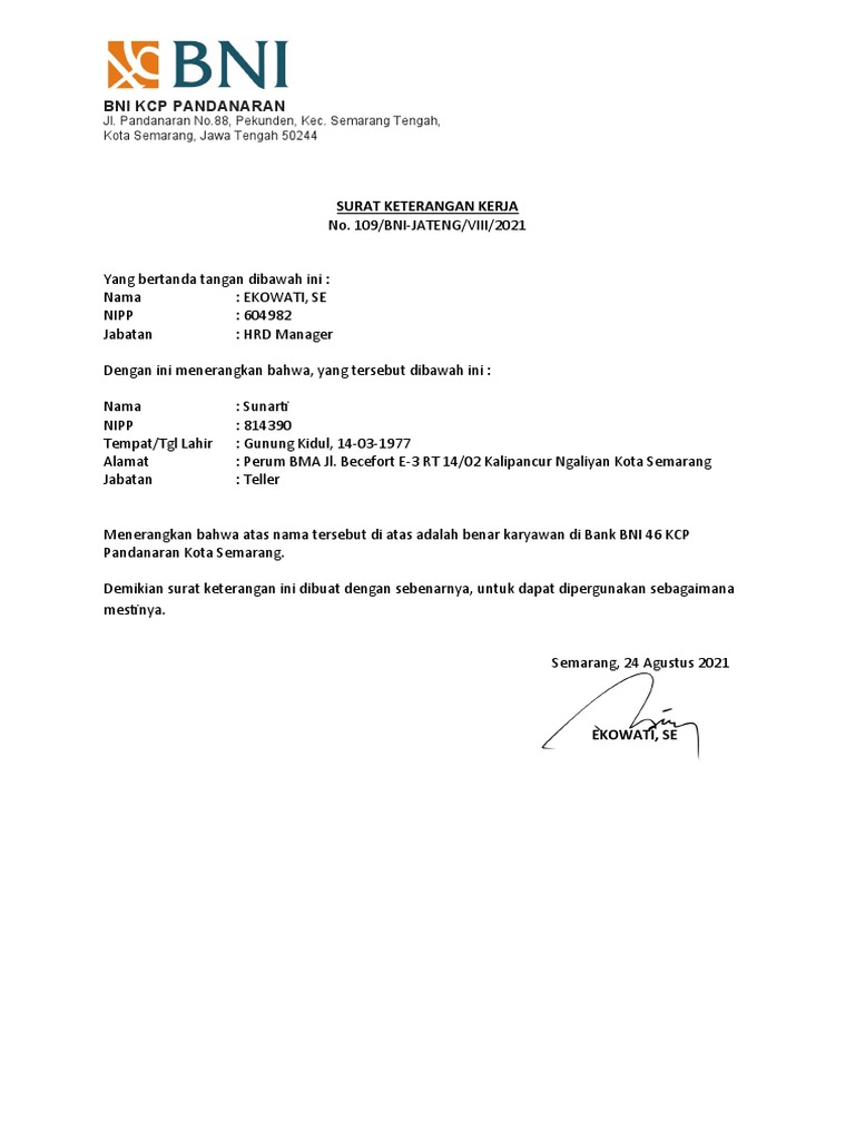 Bni KCP Pandanaran: Surat Keterangan Kerja | PDF