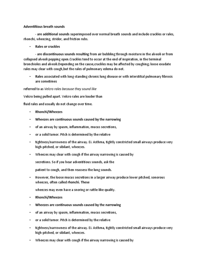 Adventitious Breath Sounds - Handout | PDF | Respiratory Tract | Lung