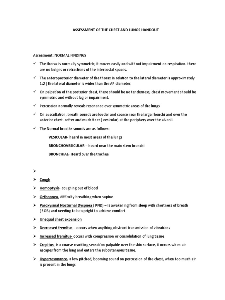 Assessment of The Chest and Lungs Handout | PDF | Lung | Thorax