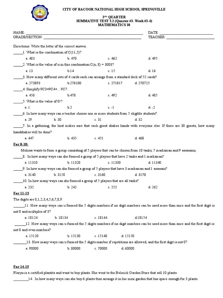 Bacoor National High School Math Test | PDF | Career & Growth ...