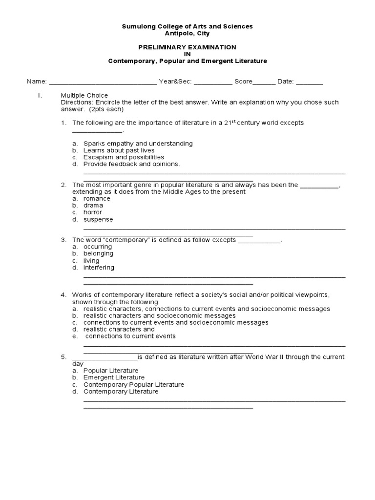 Prelim Exam Contemporary Popular and Emergent Literature | PDF | Test ...