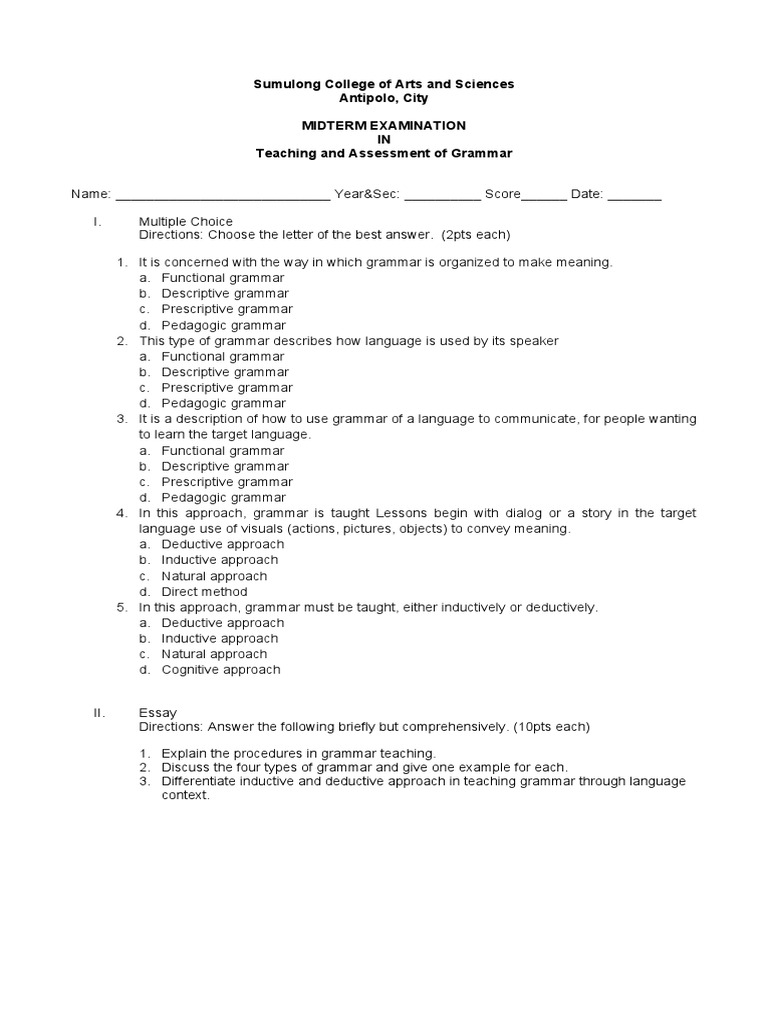 Midterm Exam on Grammar Teaching | PDF | Grammar | Pedagogy