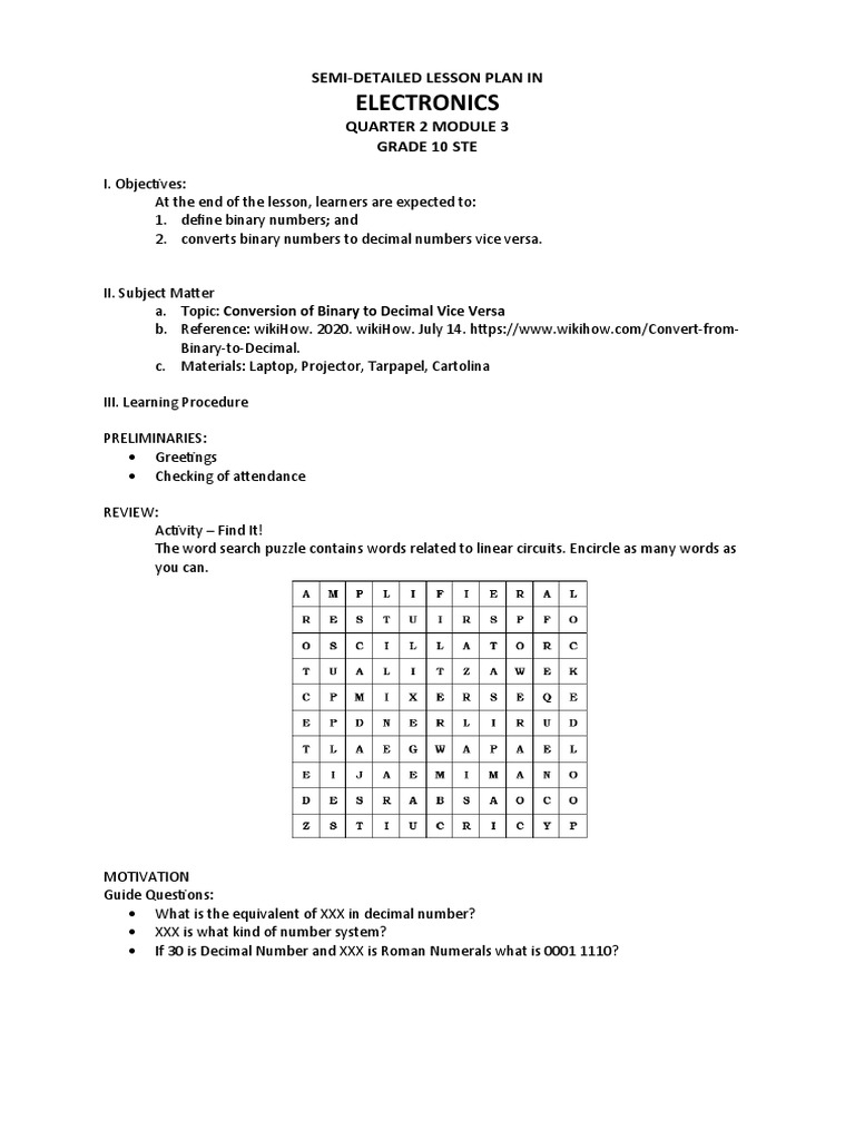 Cot Lesson Plan Electronics | PDF | Numbers | Decimal