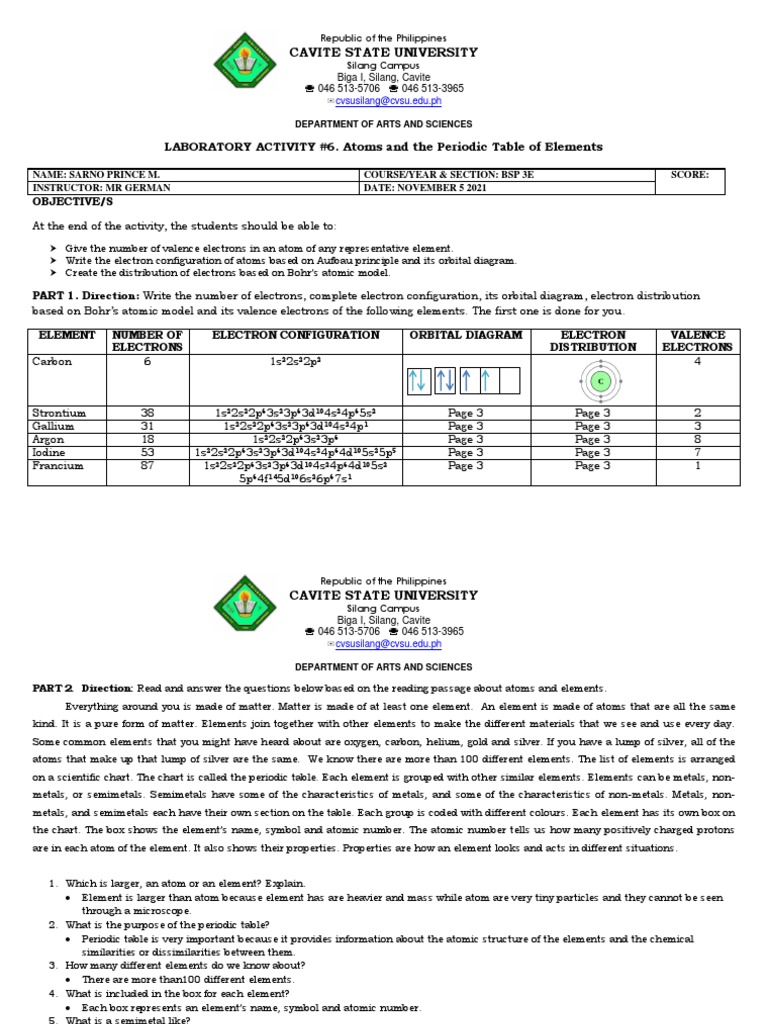 Periodic Table Lab Activity Guide | PDF | Chemical Elements | Atoms