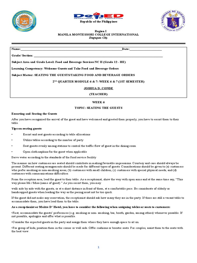 FBS Week 6-7 | PDF | Menu | Lunch