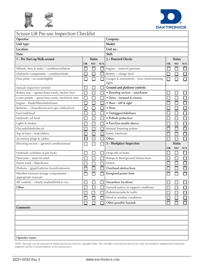 Scissor Lift Pre-Use Inspection Checklist | PDF