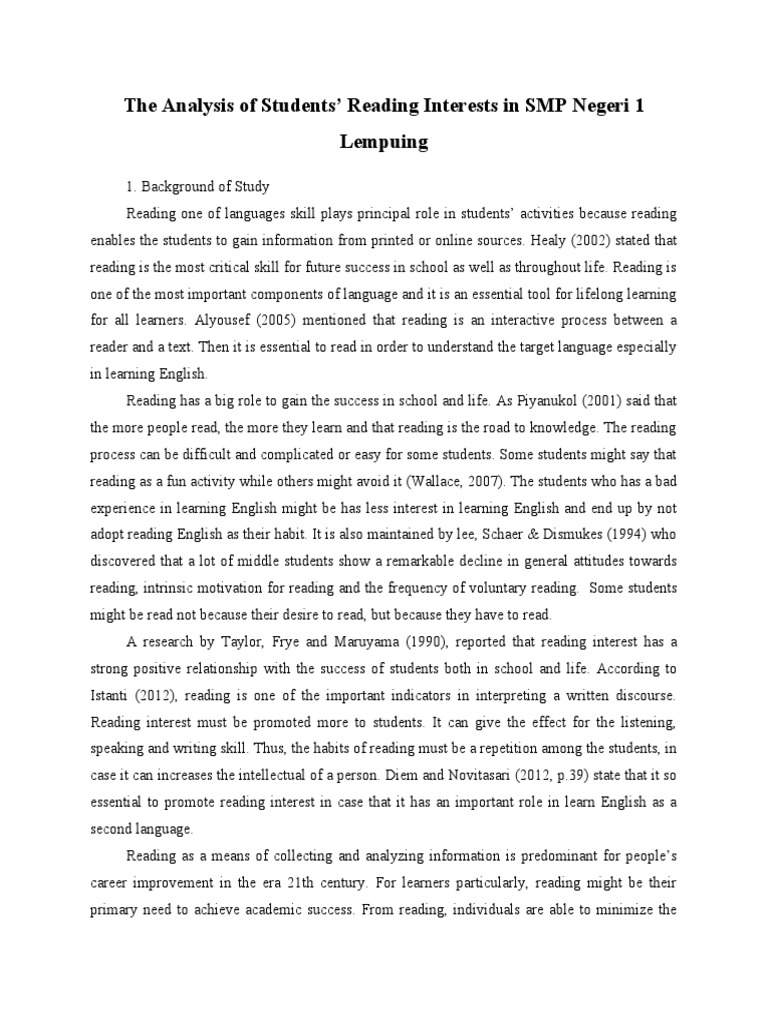 The Analysis of Students' Reading Interests in SMP Negeri 1 Lempuing ...