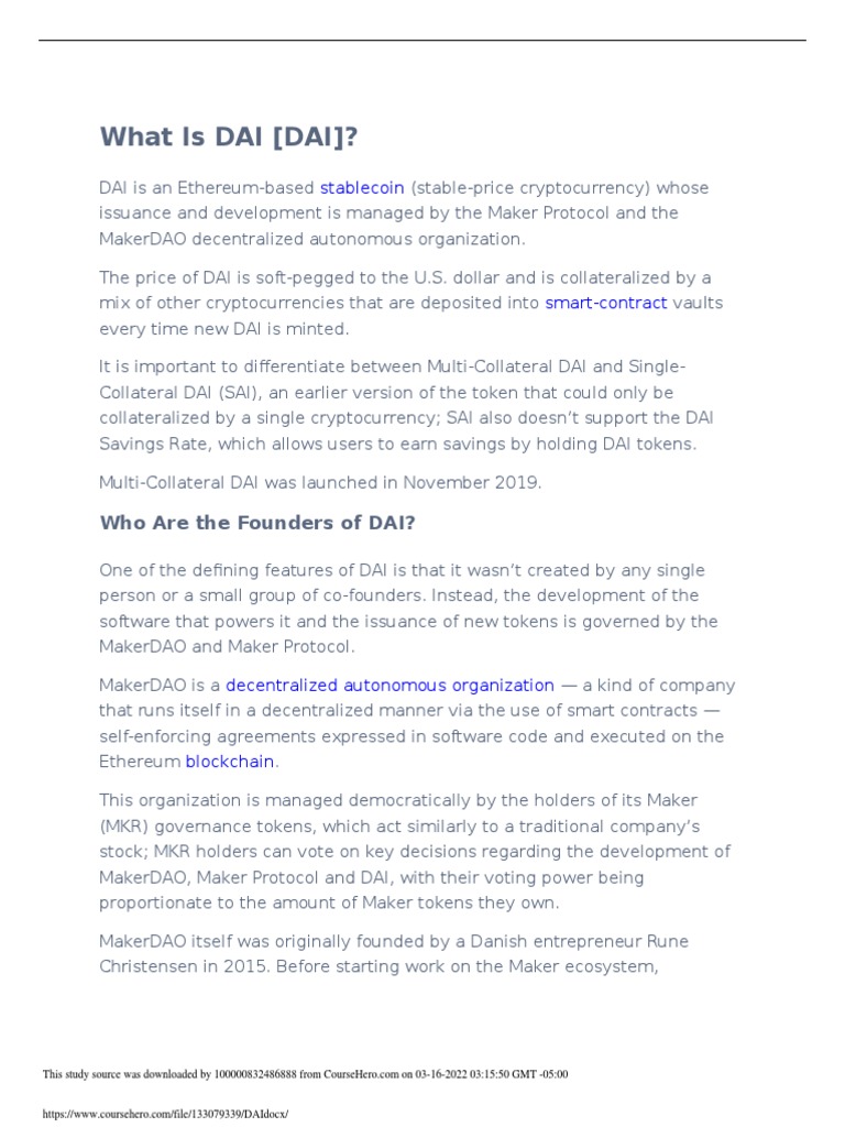 What Is DAI (DAI) ?: Stablecoin | PDF | Cryptocurrency | Financial ...