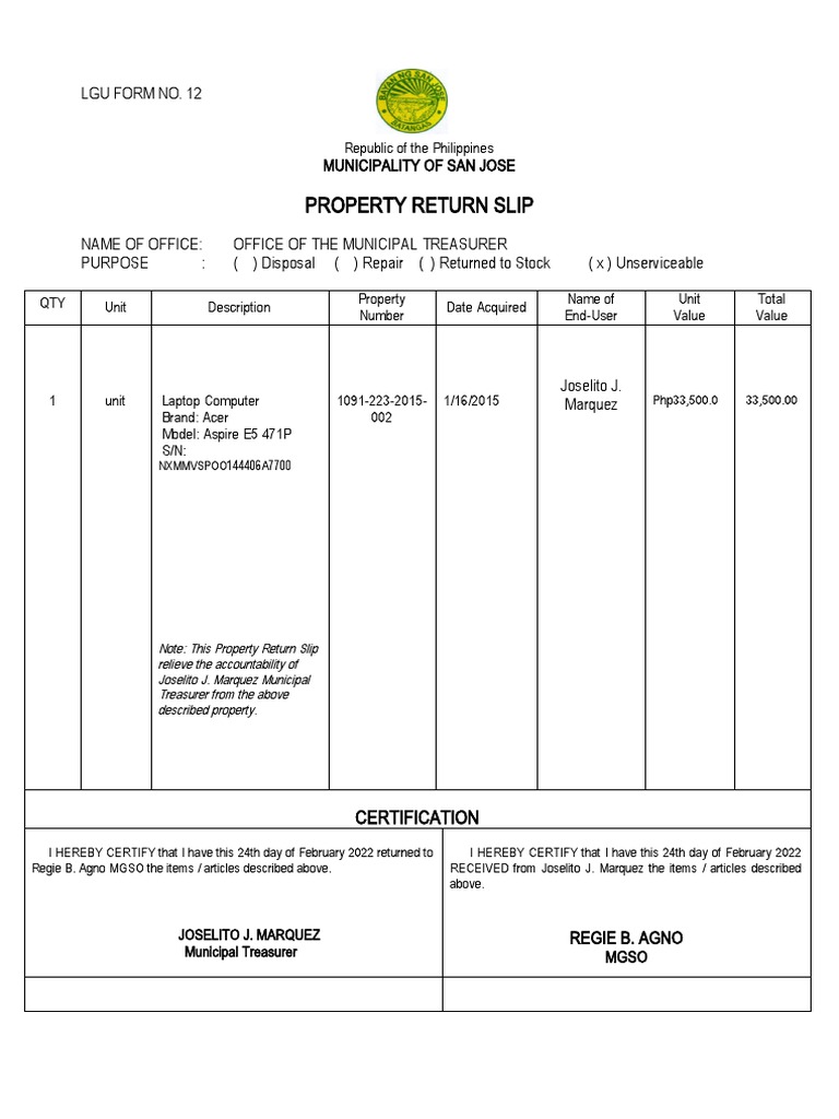 Property Return Slip | PDF | Computing | Computer Hardware