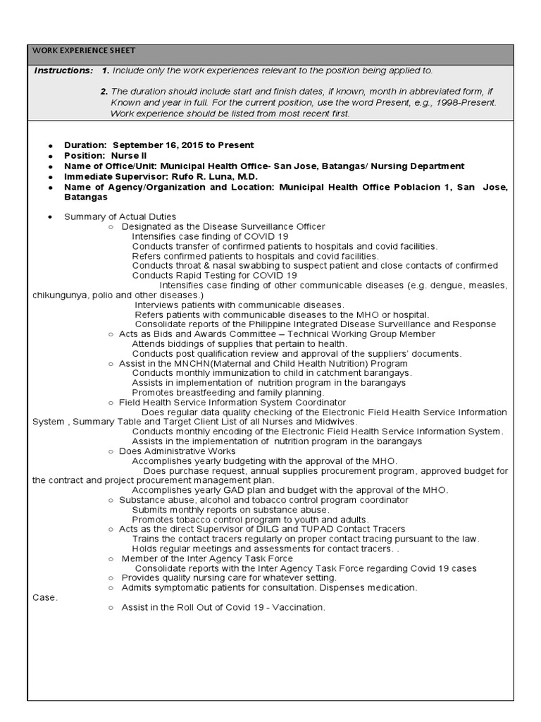 Work Experience Sheet | PDF | Nursing | Health Care