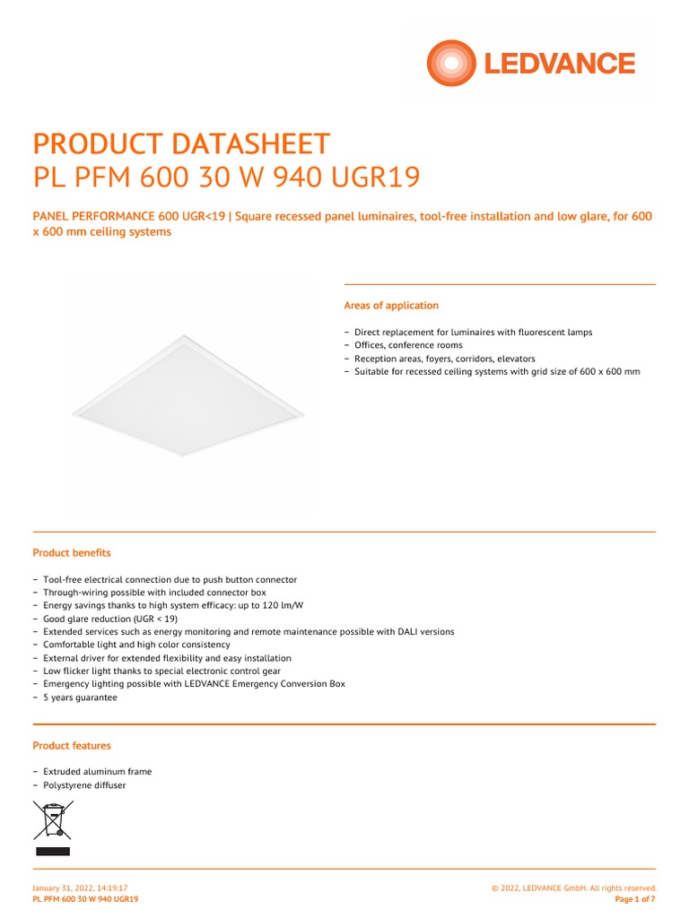 Product Datasheet Product Datasheet PL PFM 600 30 W 940 UGR19 | PDF ...