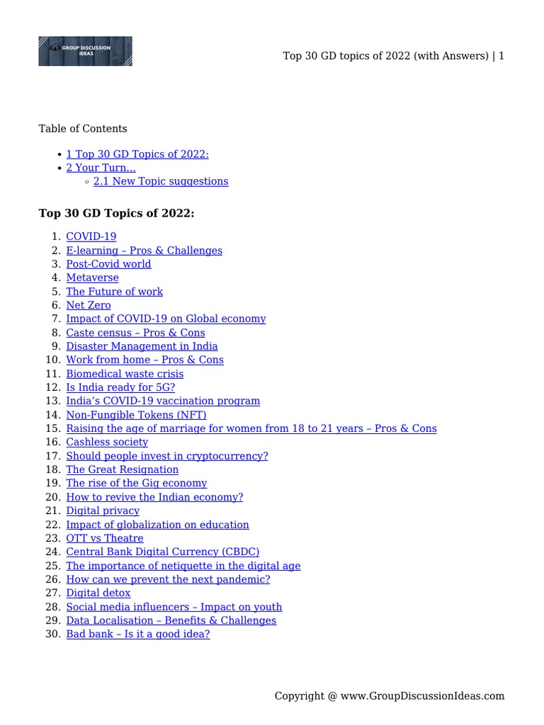Top 30 GD Topics of 2022 (With Answers) | PDF