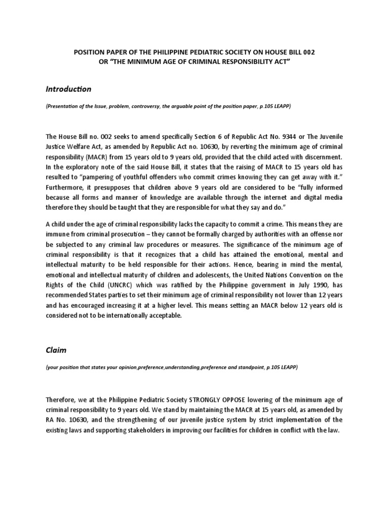 Sample Position Paper With Parts | PDF | Juvenile Delinquency | Morality