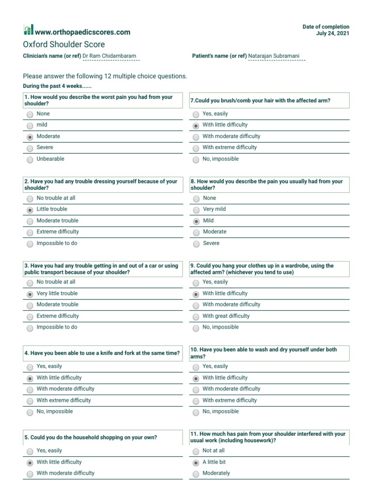 Oxford Shoulder Score Questionnaire | PDF | Arthritis | Surgery