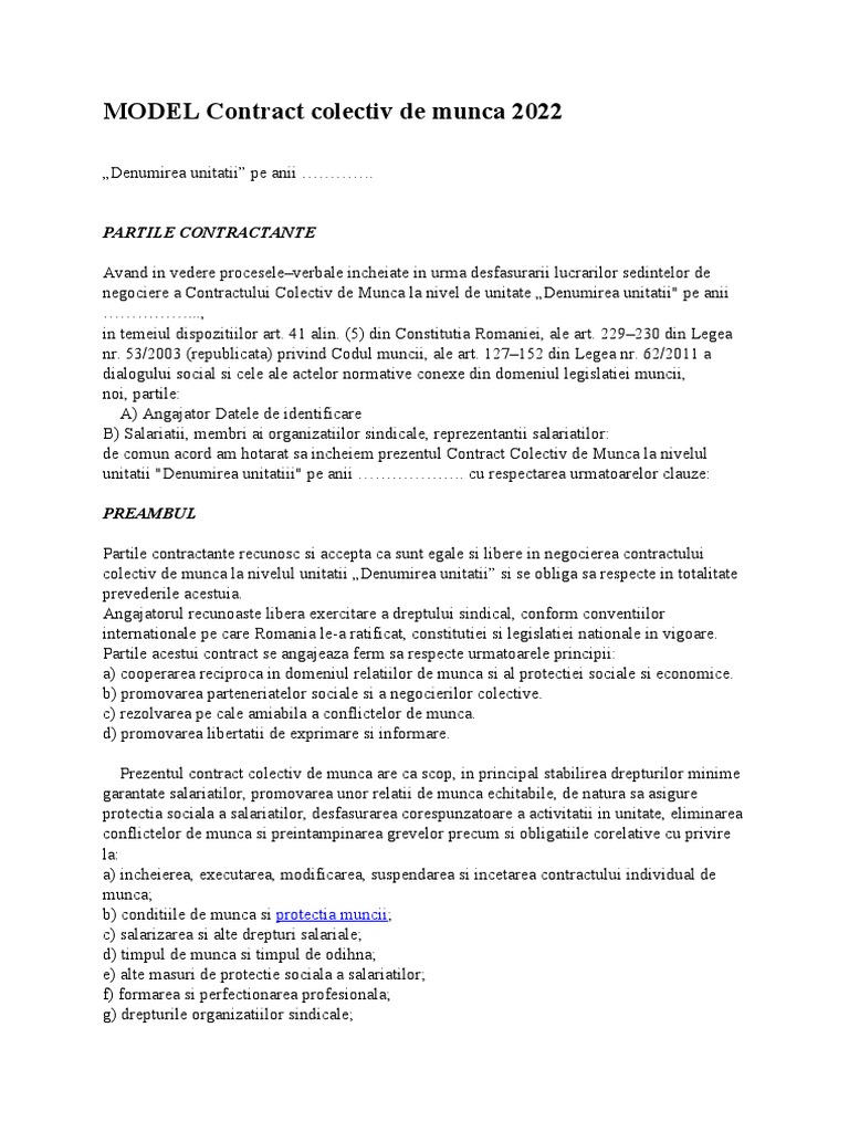 MODEL Contract Colectiv de Munca 2022 | PDF