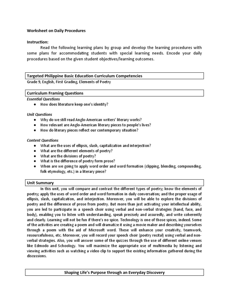 Worksheet On Daily Procedures | PDF | Poetry | Teachers