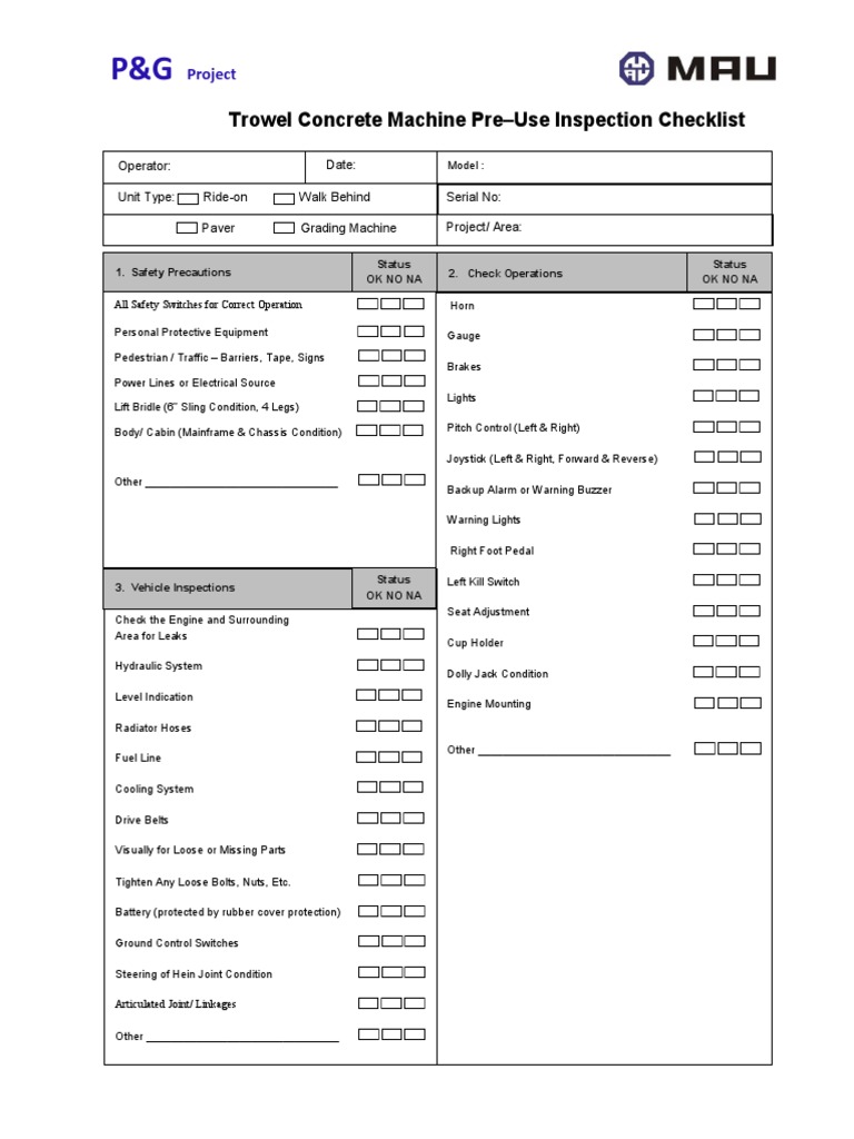 Trowel Concrete Machine Pre-Use Inspection Checklist: Project | PDF ...