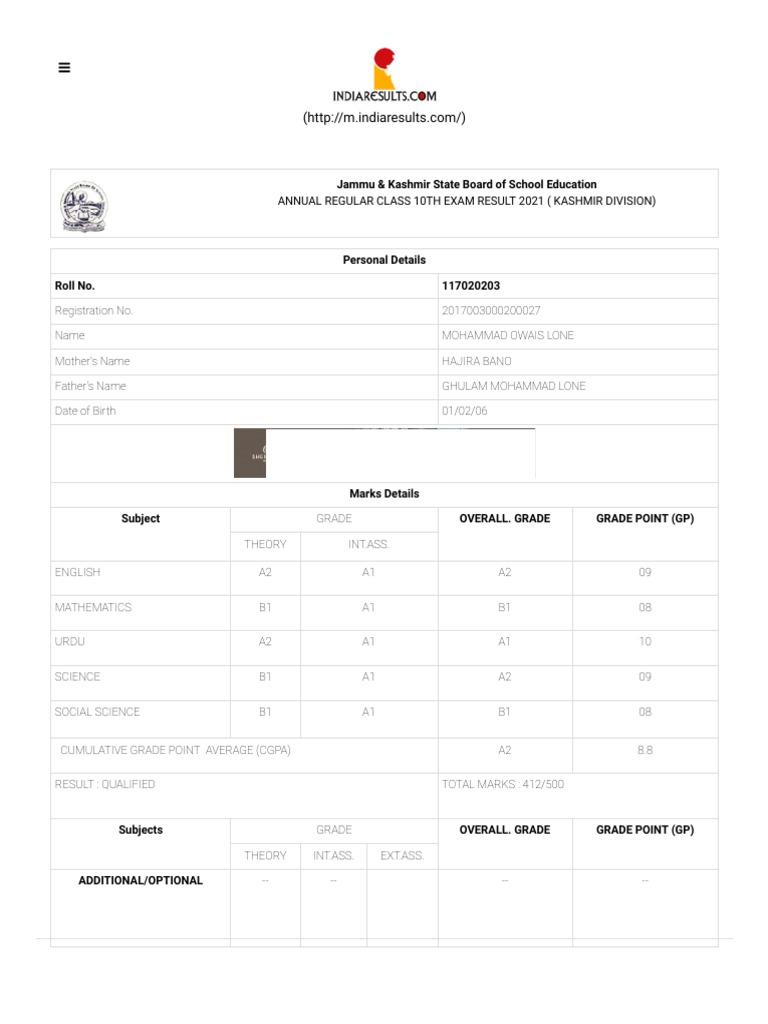 Annual Regular Class 10th Exam Result 2021 (Kashmir Division) | PDF ...