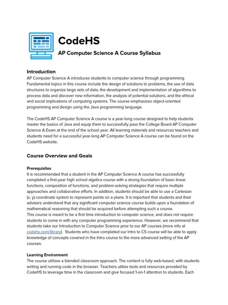 Ap Computer Science A Course Syllabus Codehs Pdf Inheritance