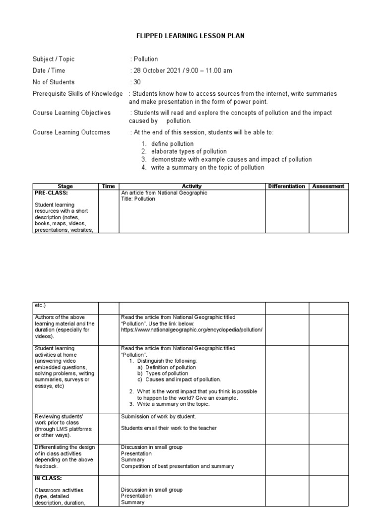 Flipped Classroom Lesson Plan | PDF | Educational Assessment | Learning