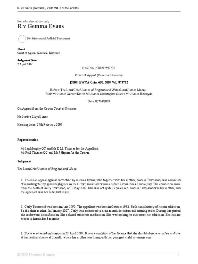 R V Evans (Gemma) | Download Free PDF | Negligence | Manslaughter