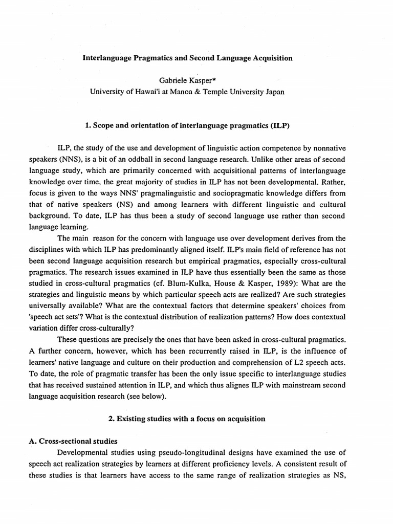 Interlanguage Pragmatics and Second Language Acquisition Gabriele Kasper - University of Hawai ...