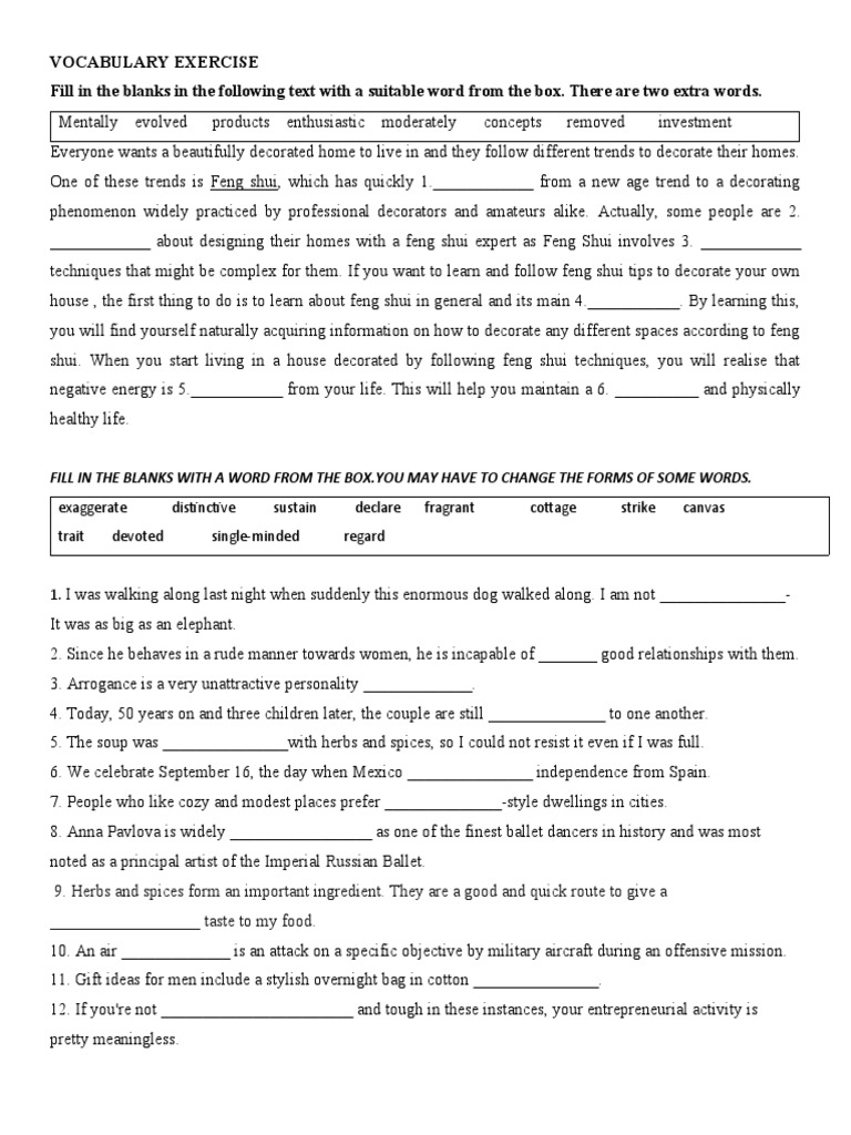 Vocabulary Exercise Fill in The Blanks in The Following Text With A ...