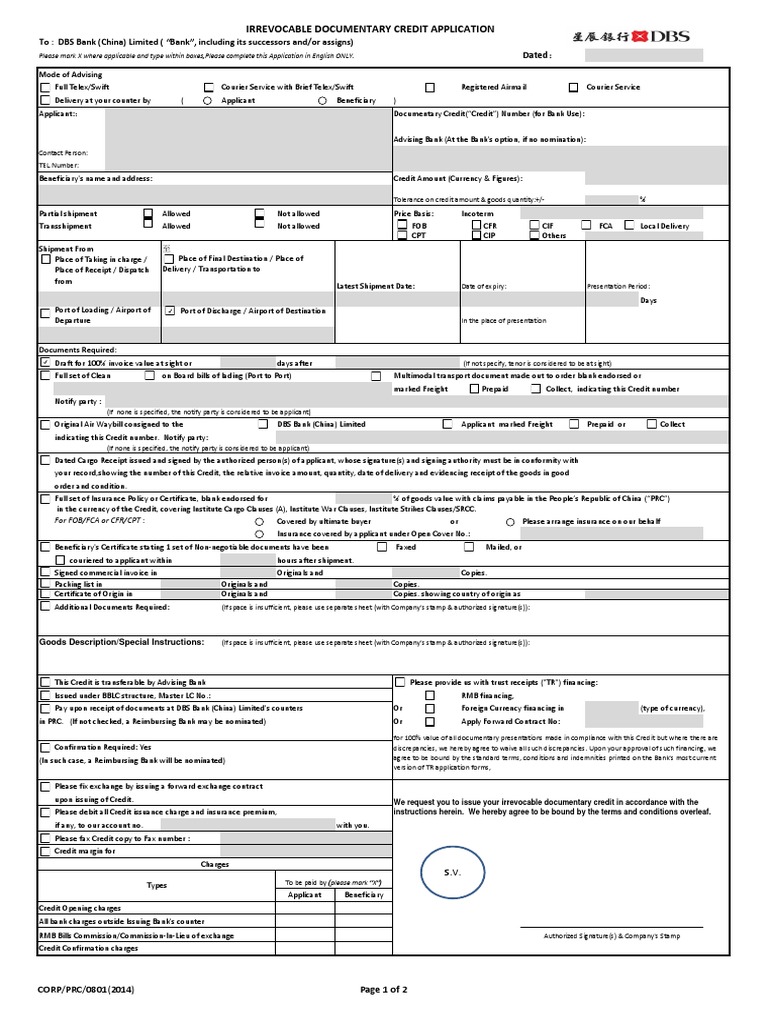 Irrevocable Documentary Credit - Appl (EN) v1.1 | PDF | Insurance | Credit