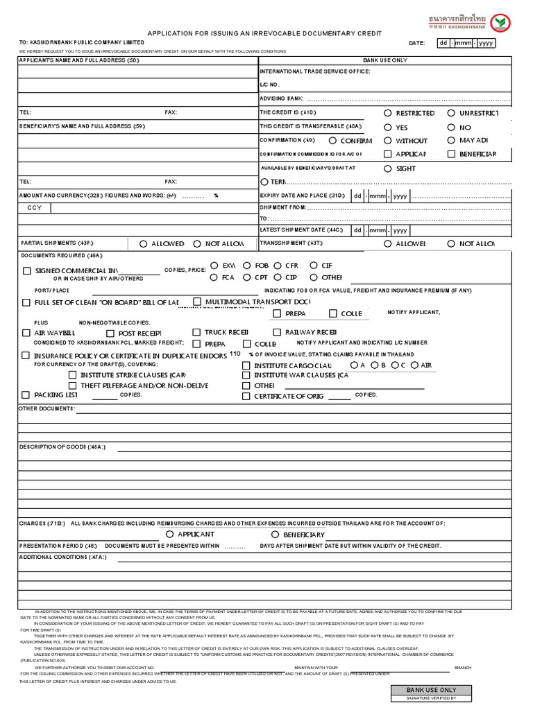 Irrevocable Documentary Credit Application | PDF | Letter Of Credit | Banks