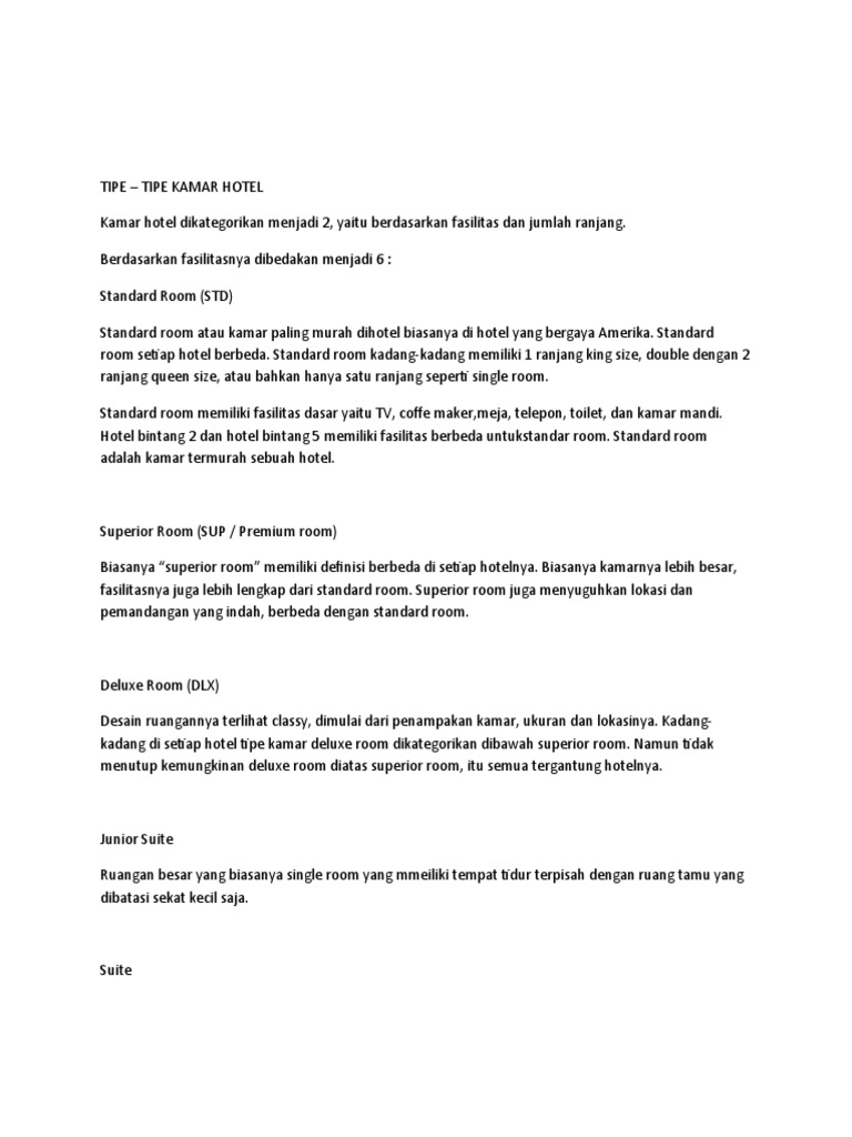 Tipe - Tipe Kamar Hotel | PDF