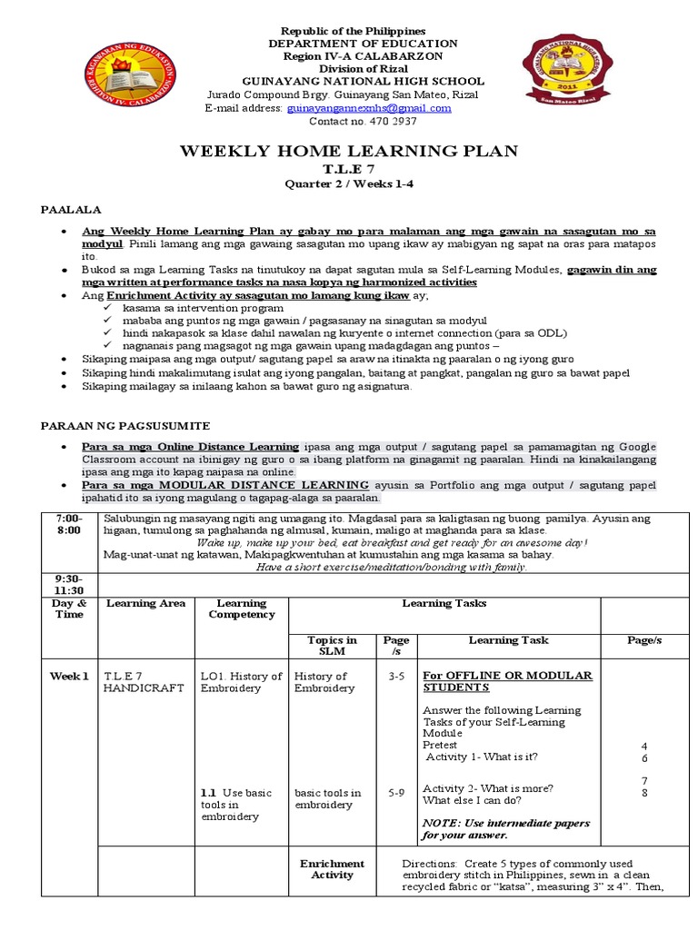 Weekly Home Learning Plan: TLE 7 | PDF