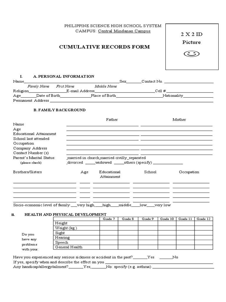 G-Cumulative Records Form - Guidance Office | PDF | Psychology | Cognition