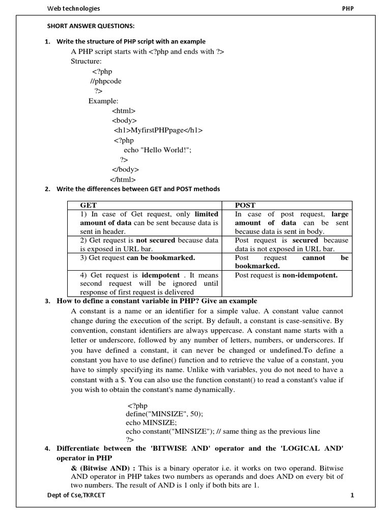 Short Answer Questions 1 Write The Structure Of Php Script With An