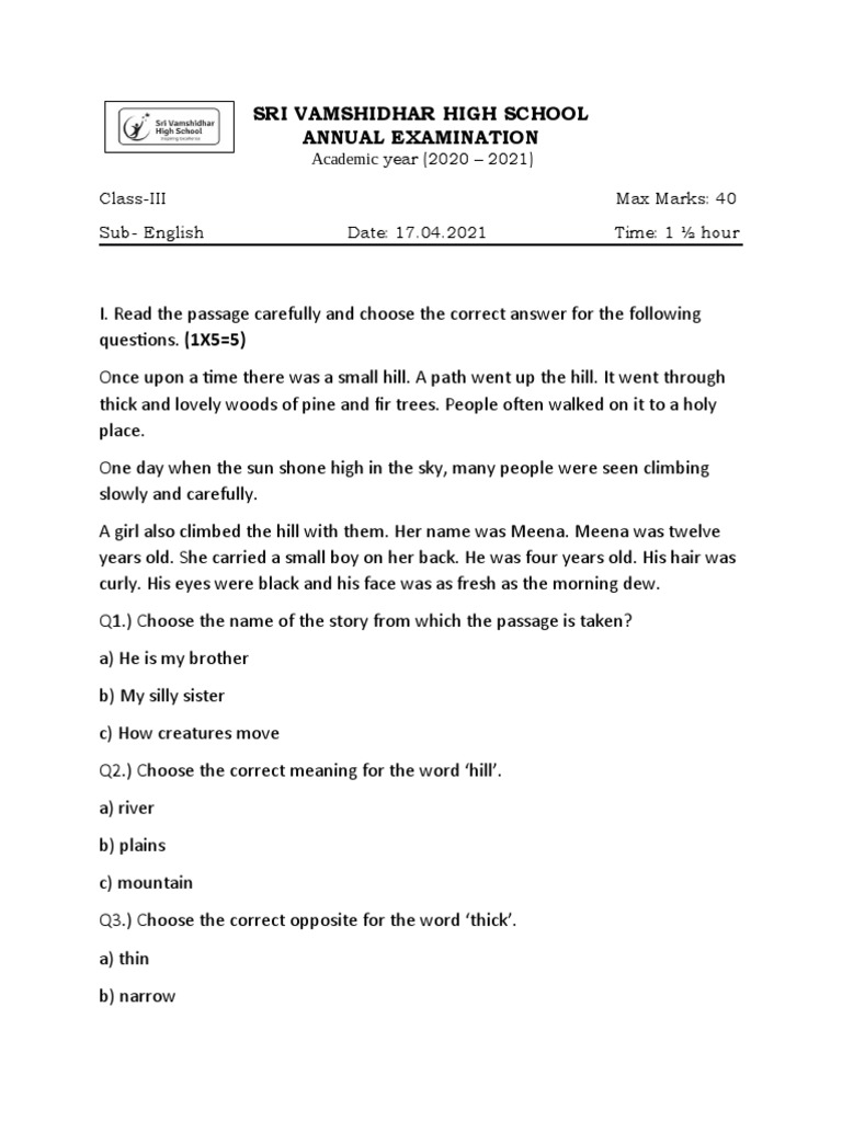 Class-Iii English Annual Question Paper | PDF