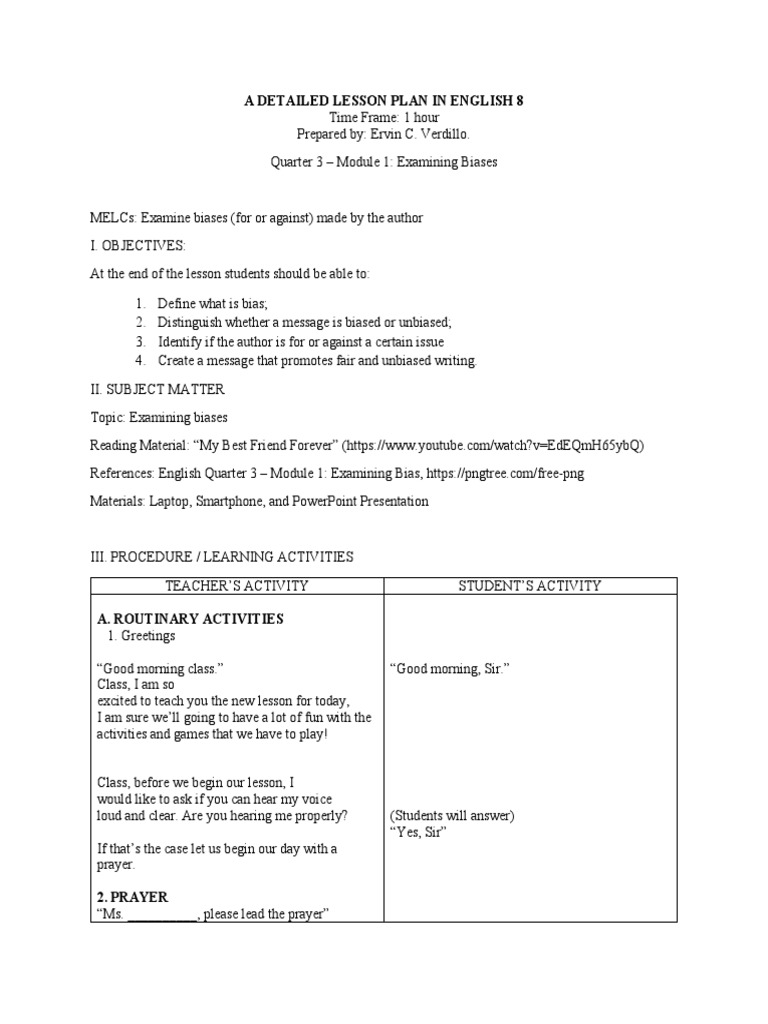 Lesson Plan - Examining Biases | PDF | Bias | Experience