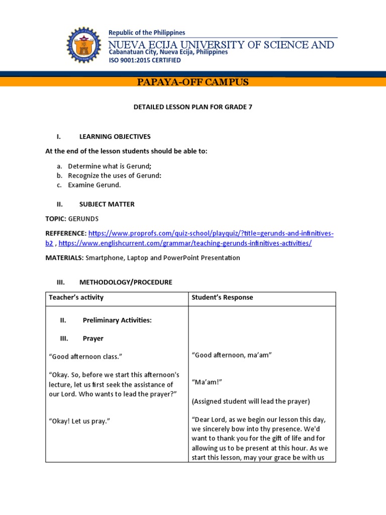 Detailed Lesson Plan Gerund | PDF | Verb | Noun